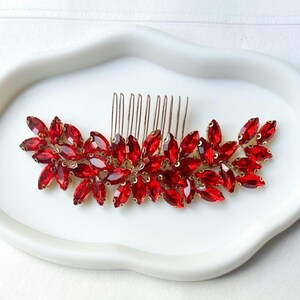 Decorative Vibrant Red Rhinestone Hair Comb | Wedding Bright Red Gold ...