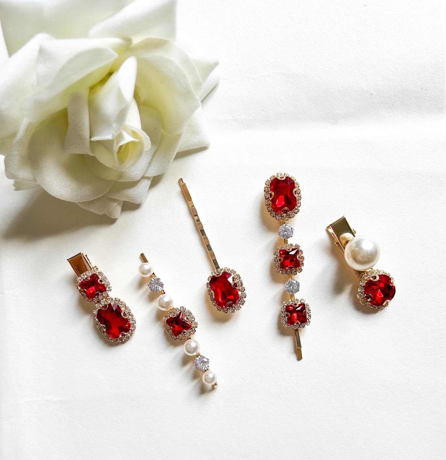 Red Crystal Pearl Hair Pins: Gold Bridal Hair Accessories, Set of 5 - Etsy