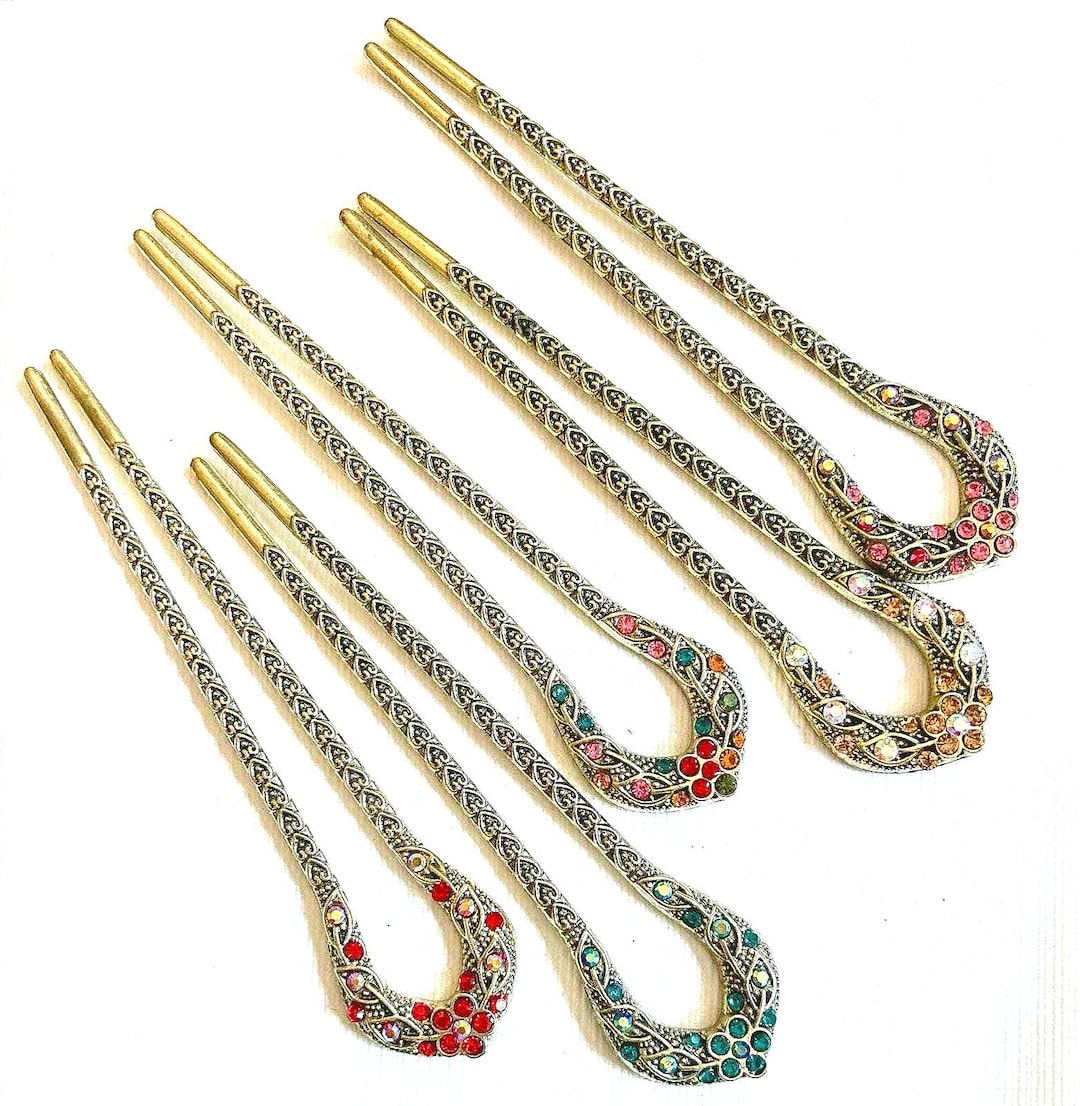 Antique Bronze Crystal Hair Pin, Women Girls Metal Hair Bun Holder ...