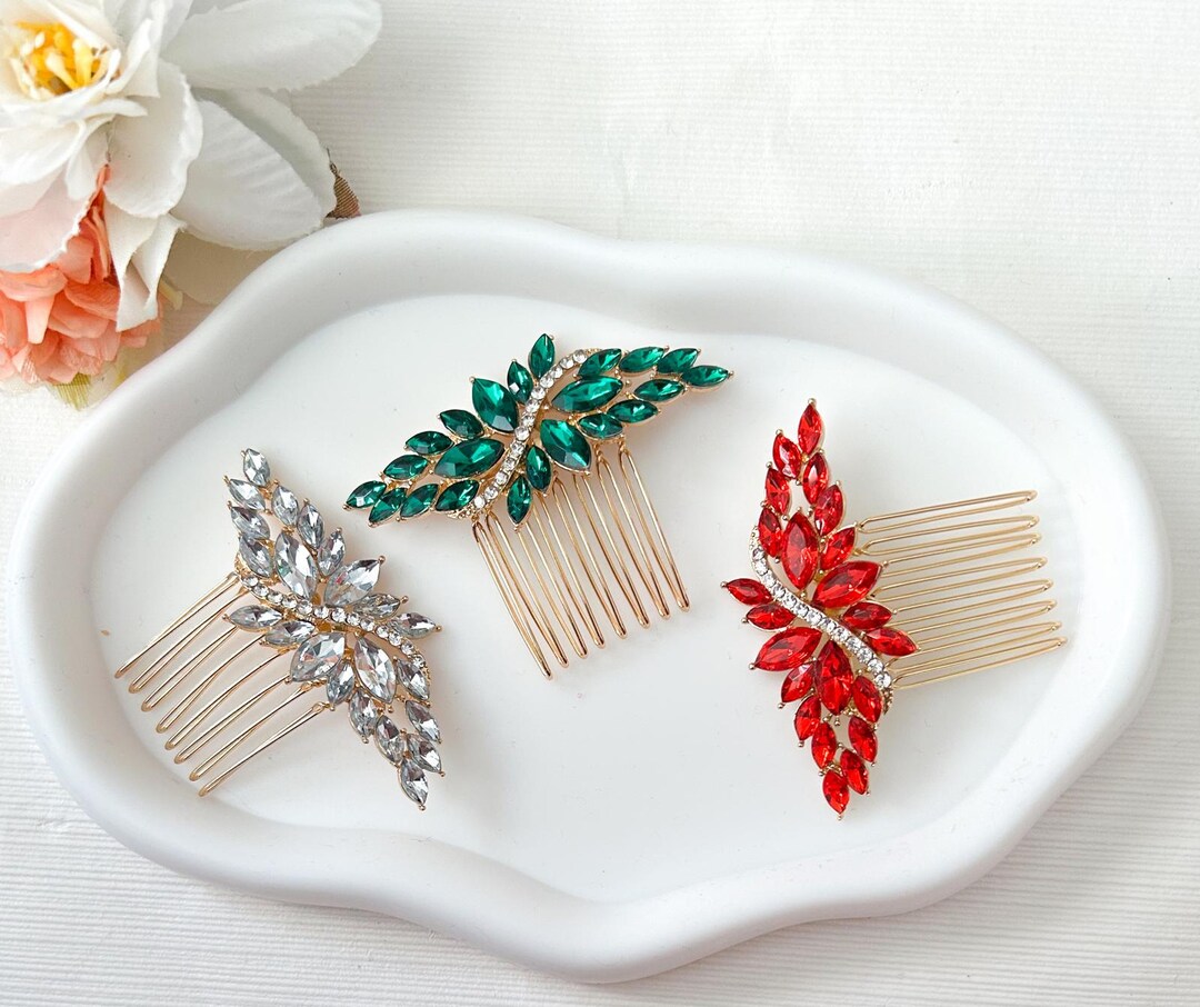 Decorative Hair Comb, Emerald Gold Red Sparkly Rhinestone Crystal Hair ...