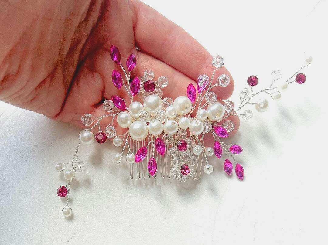 Wedding Bright Pink Rhinestone Hair Slide, Bridal Silver Pearls Fuchsia ...