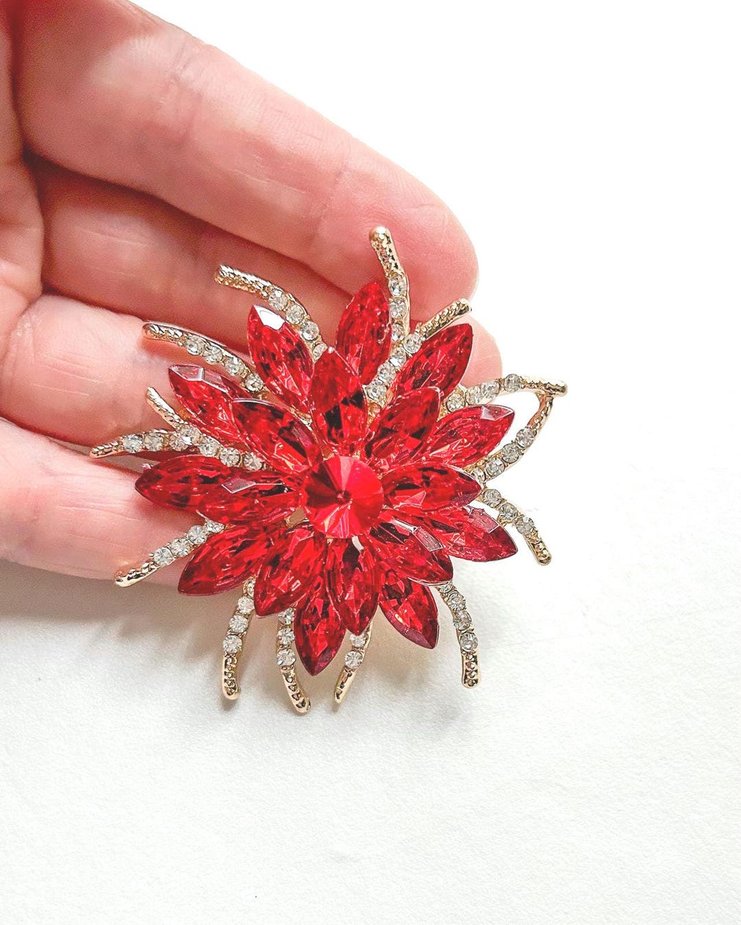 Red Rhinestone Brooch Pin, Gold Tone Diamante Flower - Etsy