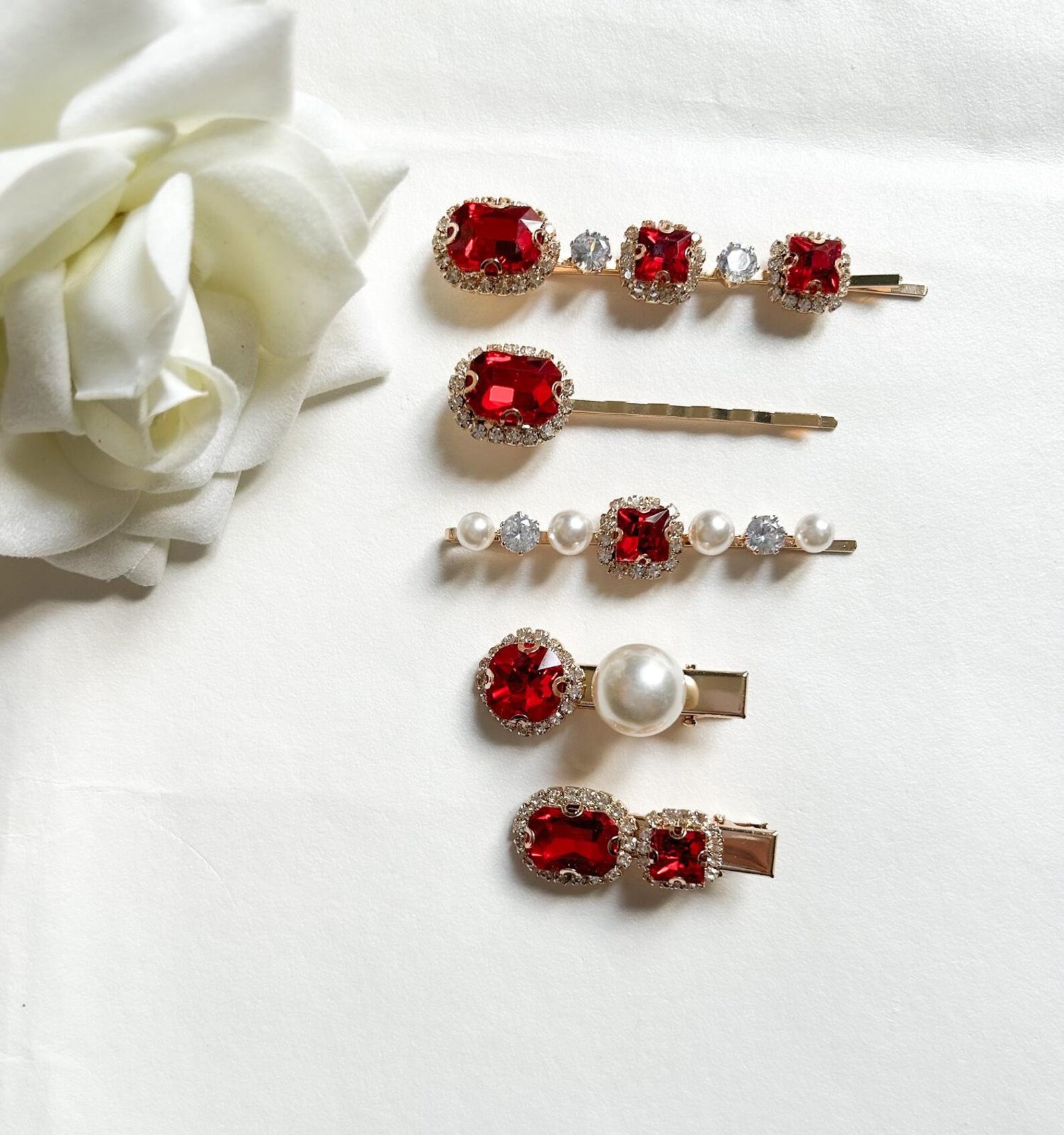 Red Crystal Pearl Hair Pins: Gold Bridal Hair Accessories, Set of 5 - Etsy
