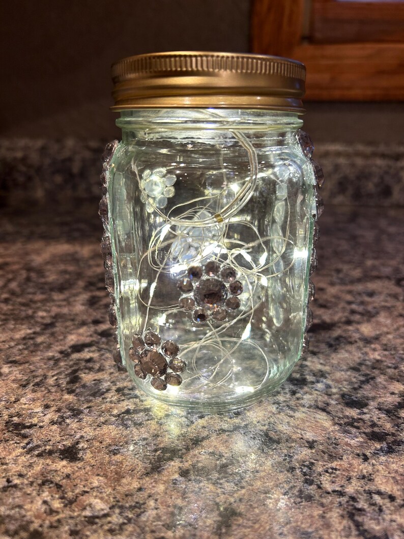 Gem Decorated Mason Jar: Flower Design, LED Candle & Ribbon - Etsy