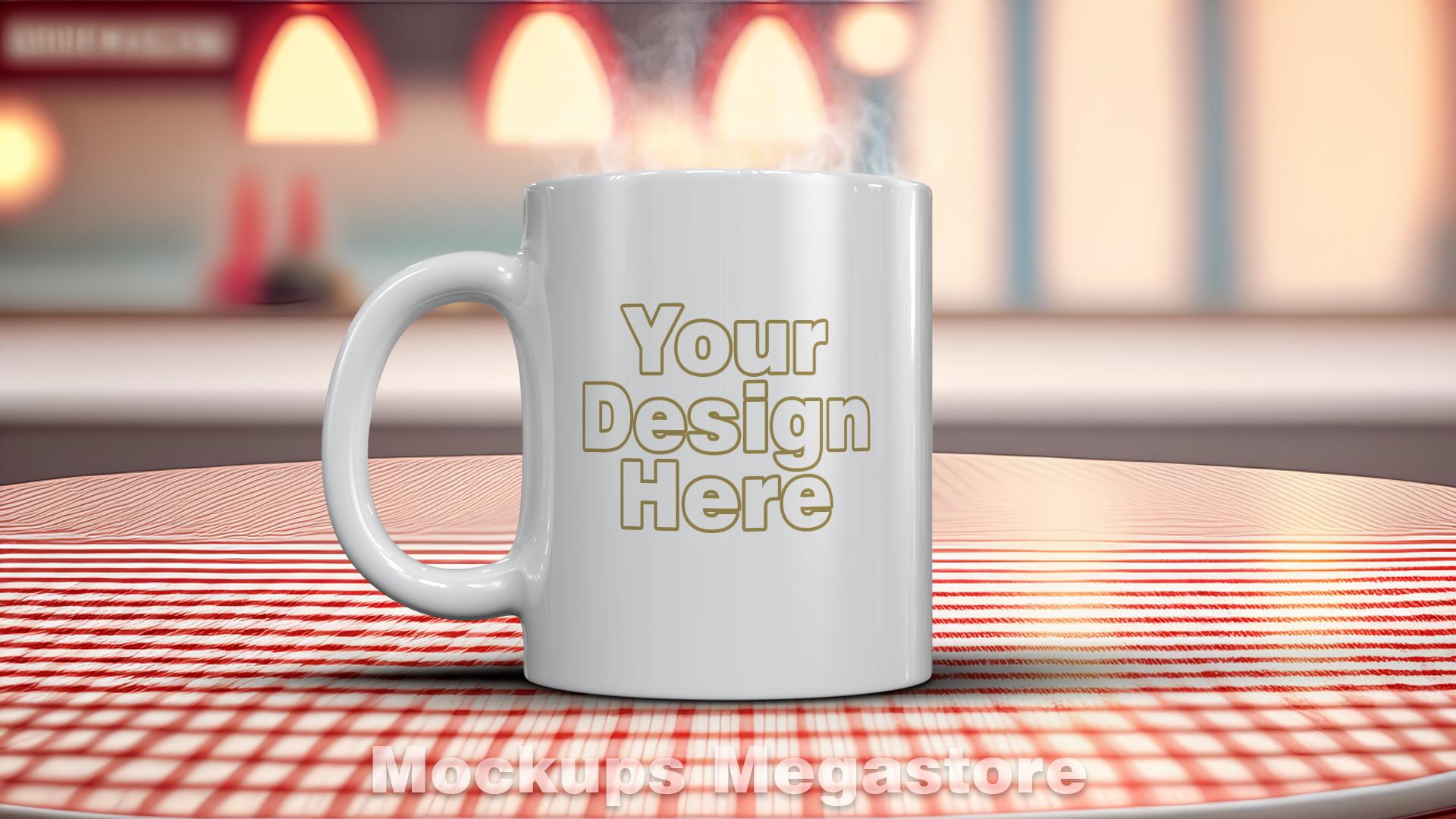 White Mug Mockup With Steam & Italian Restaurant Background Scene ...