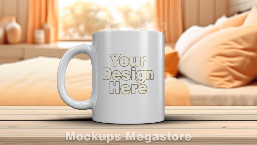 White Mug Mockup With Steam & Bedroom Background Scene | Single Side or ...
