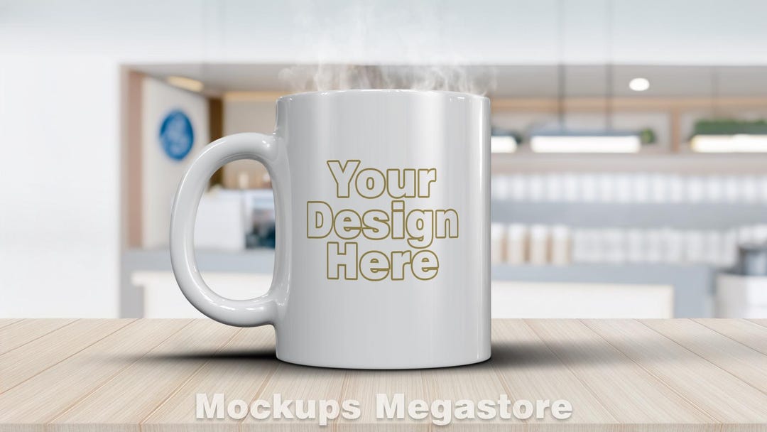 White Mug Mockup With Steam & Hotel Lobby Background Scene | Single ...