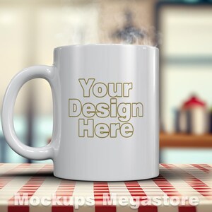 White Mug Mockup With Steam & Italian Restaurant Background Scene ...