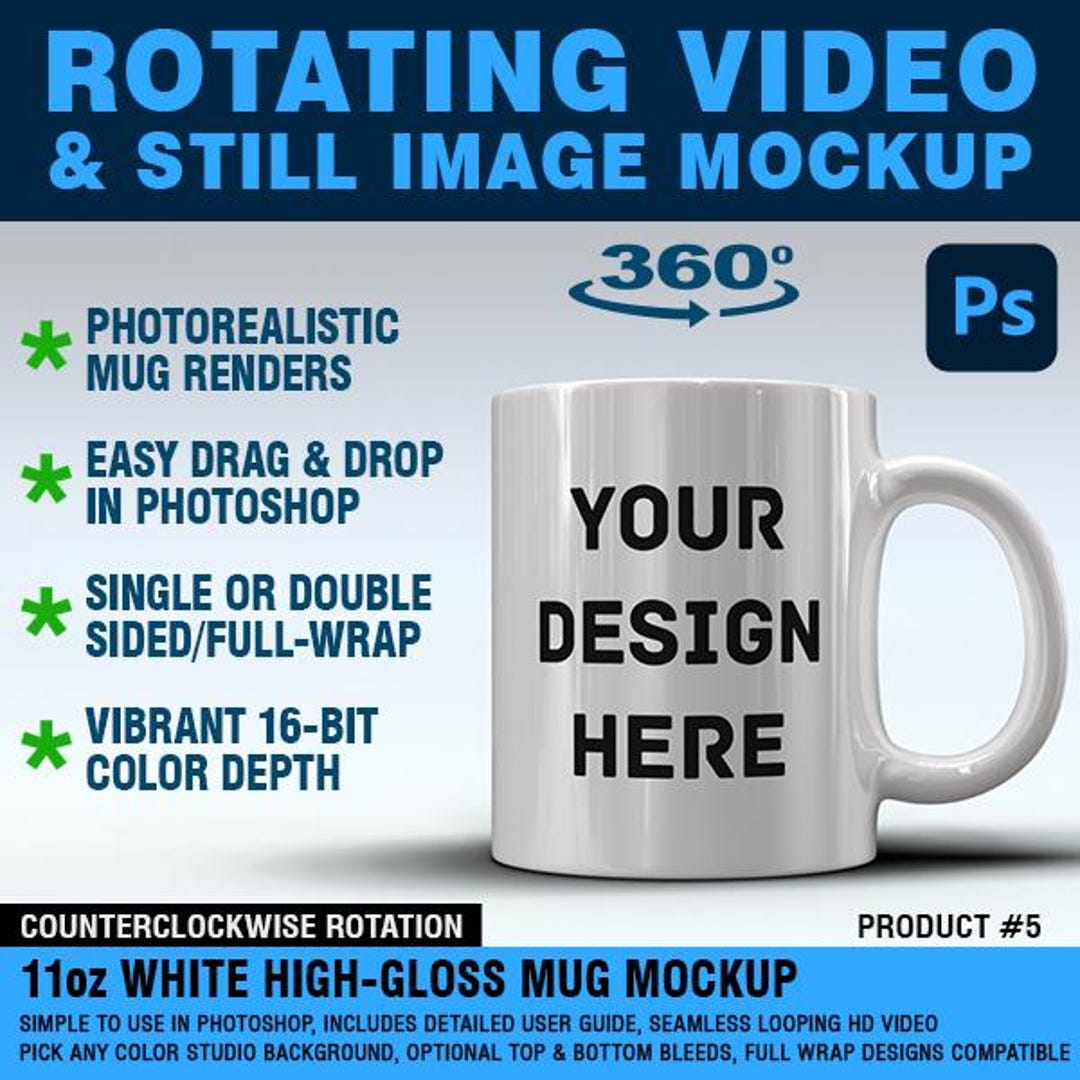 White Coffee Mug Mockup - High Gloss | Printify 11oz Spoke Mug | 360 ...