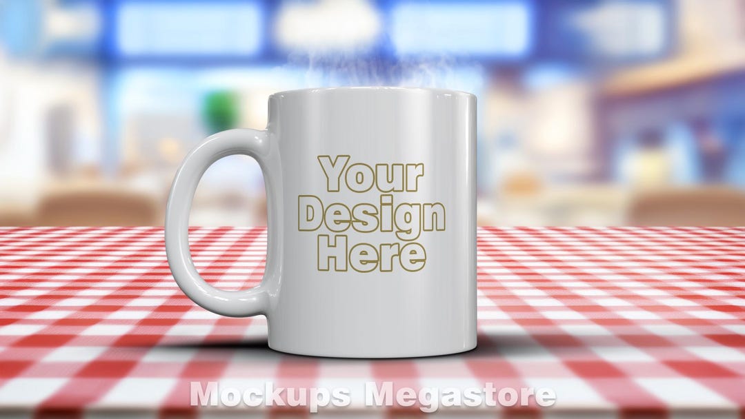 White Mug Mockup With Steam & Italian Restaurant Background Scene ...
