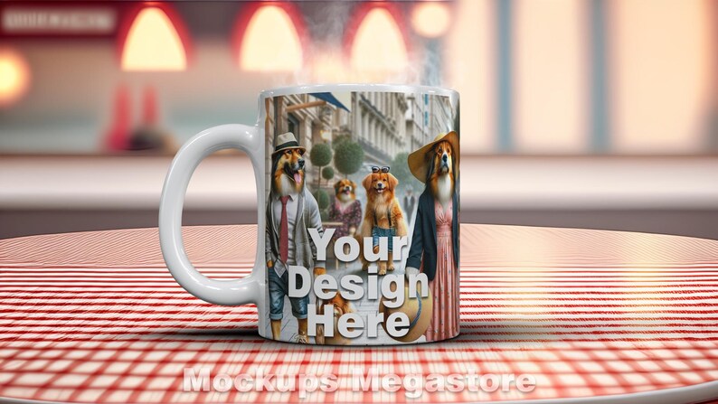 White Mug Mockup With Steam & Italian Restaurant Background Scene ...