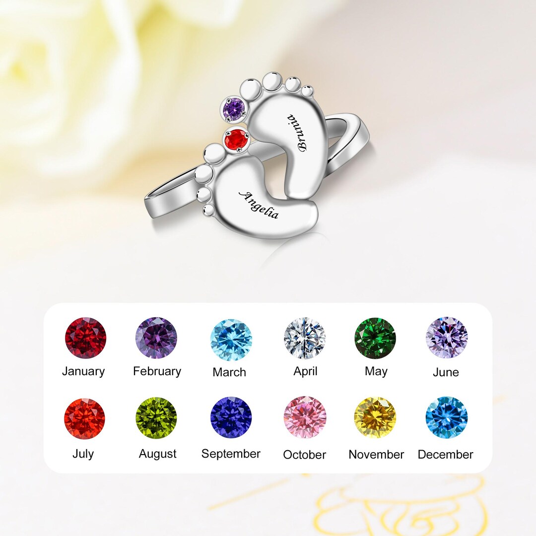 Custom Engraved Baby Feet Ring With Birthstone, S925 Silver Baby Name Footprint Ring, Baby ...