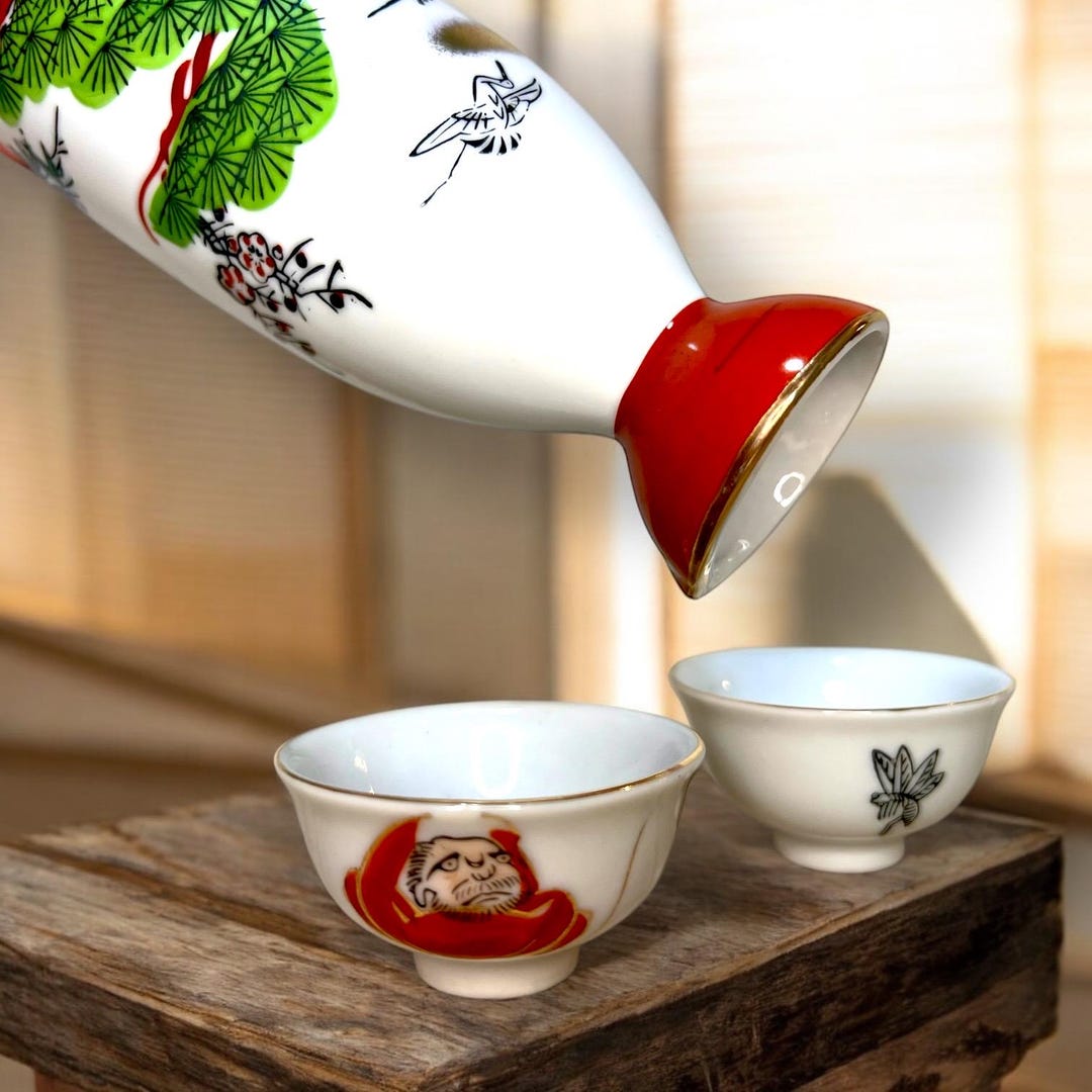 Japanese Vintage Kutani Sake Set - Hand-painted Tokkuri Ochoko Cups ...