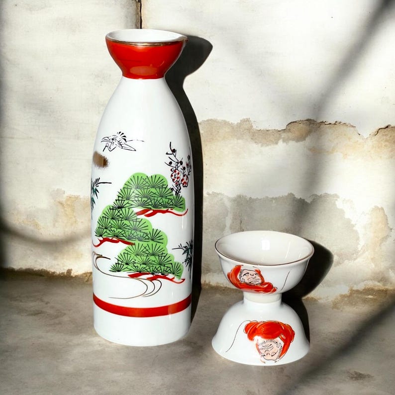 Japanese Vintage Kutani Sake Set - Hand-painted Tokkuri Ochoko Cups ...
