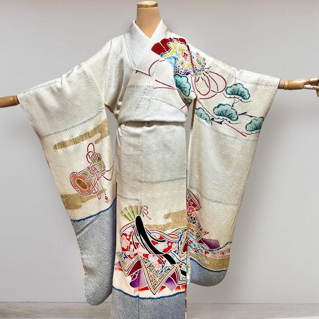Vintage Japanese Silk Furisode Kimono – Heian Court Lady, Koto Motif ...