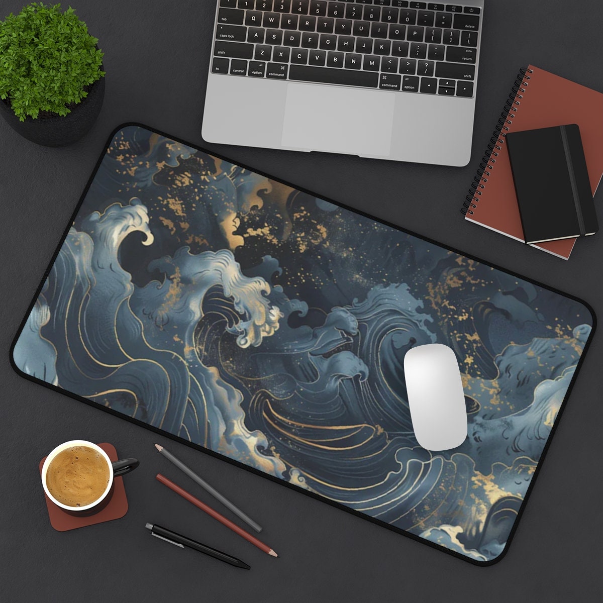 Ocean Waves Mouse Pad and Desk Mat Dark Blue and Gold Waves Ocean Tide ...