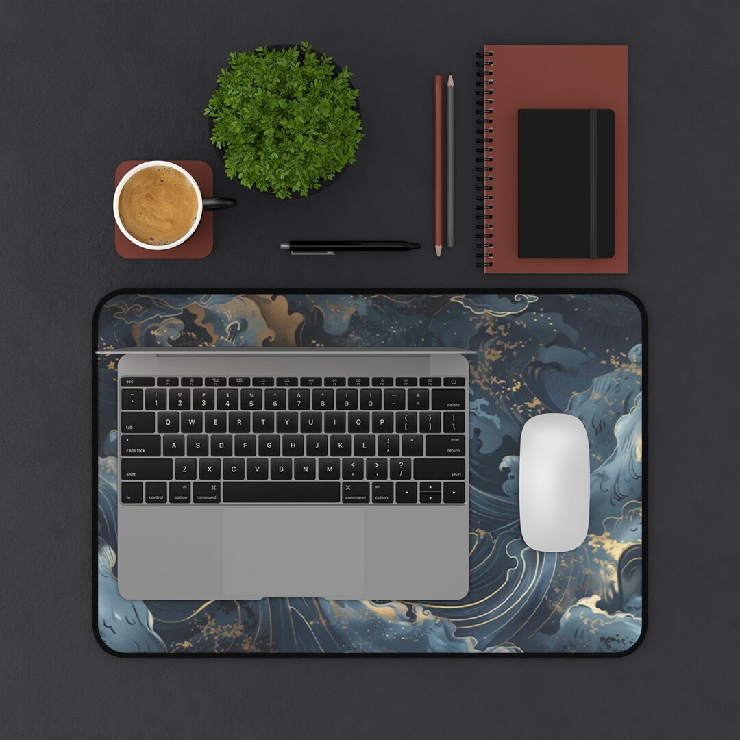 Ocean Waves Mouse Pad and Desk Mat Dark Blue and Gold Waves Ocean Tide ...
