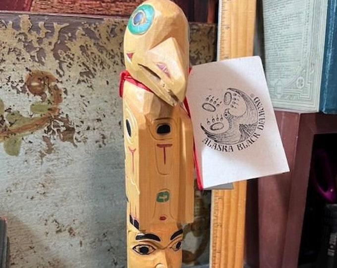 Hand Carved WOOD TOTEM Pole 8.5" Ray Moore Alaskan Black Diamond With ...