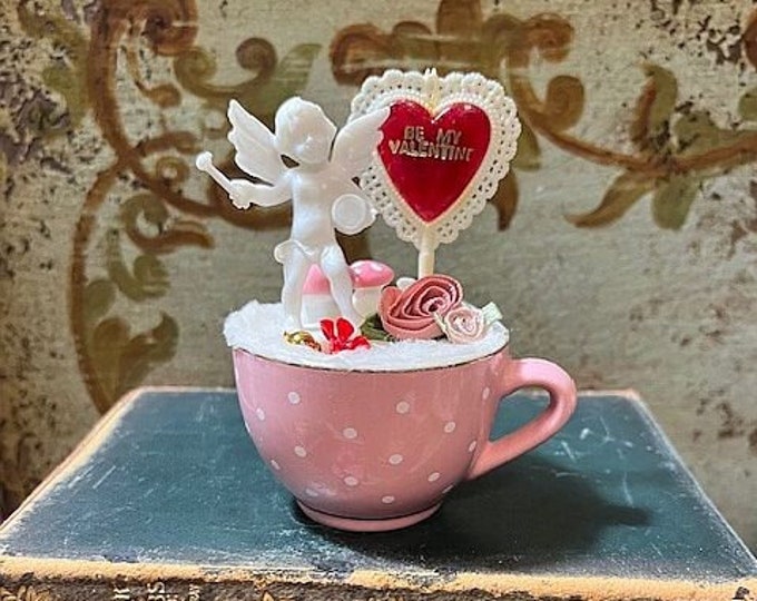 Vintage Valentine’s Day Vignette Cherub Cupid in Pink Mini Polka Dot ...