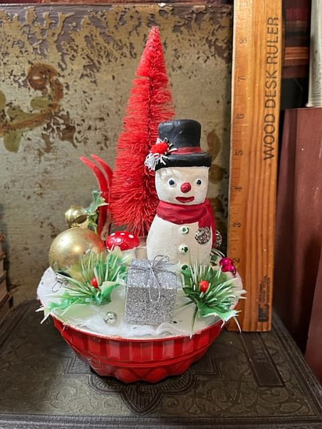 Christmas Chalkware Snowman Vignette Red Mold Base Bottlebrush Tree ...