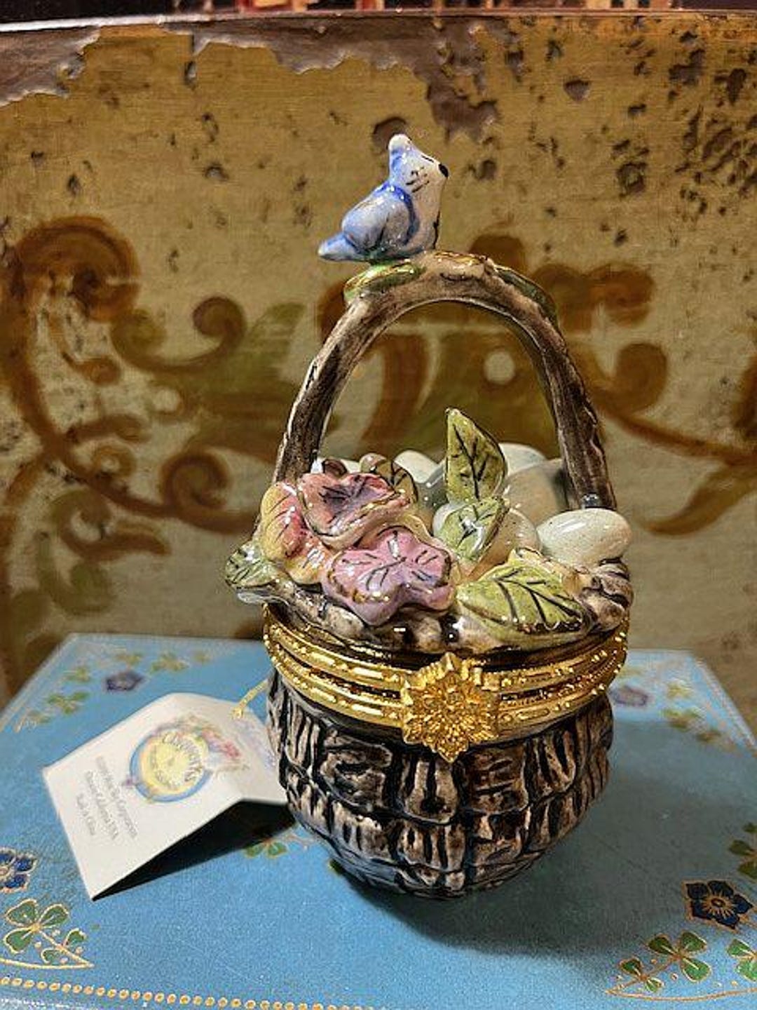 Blue Sky Clayworks Trinket Box Basket of Spring Bird Flowers EGG Inside ...
