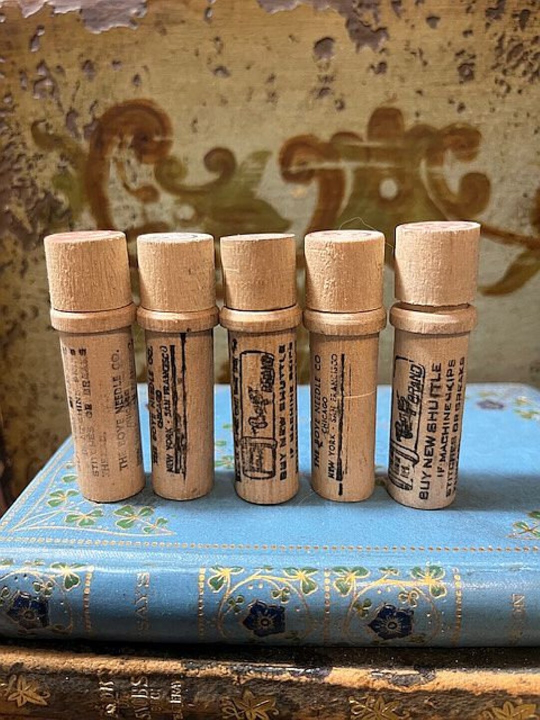 5 Vintage Wooden Needle Box Cylindrical Wood Container Sewing Boye ...