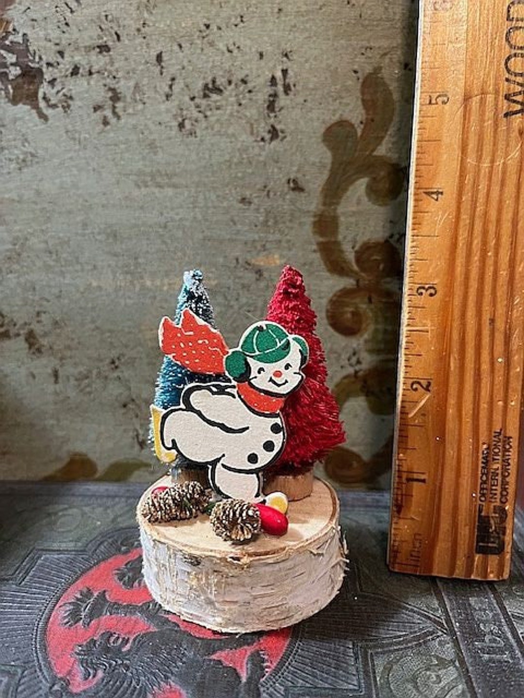 Vintage Snowman Birch Wood Christmas Vignette W/ Snowman Paper Figure ...
