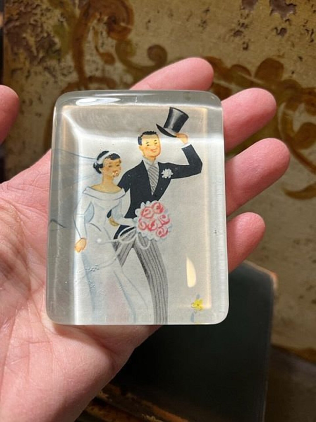 Cute BRIDE GROOM Paperweight Vintage Wrapping Paper Salvage Glass ...