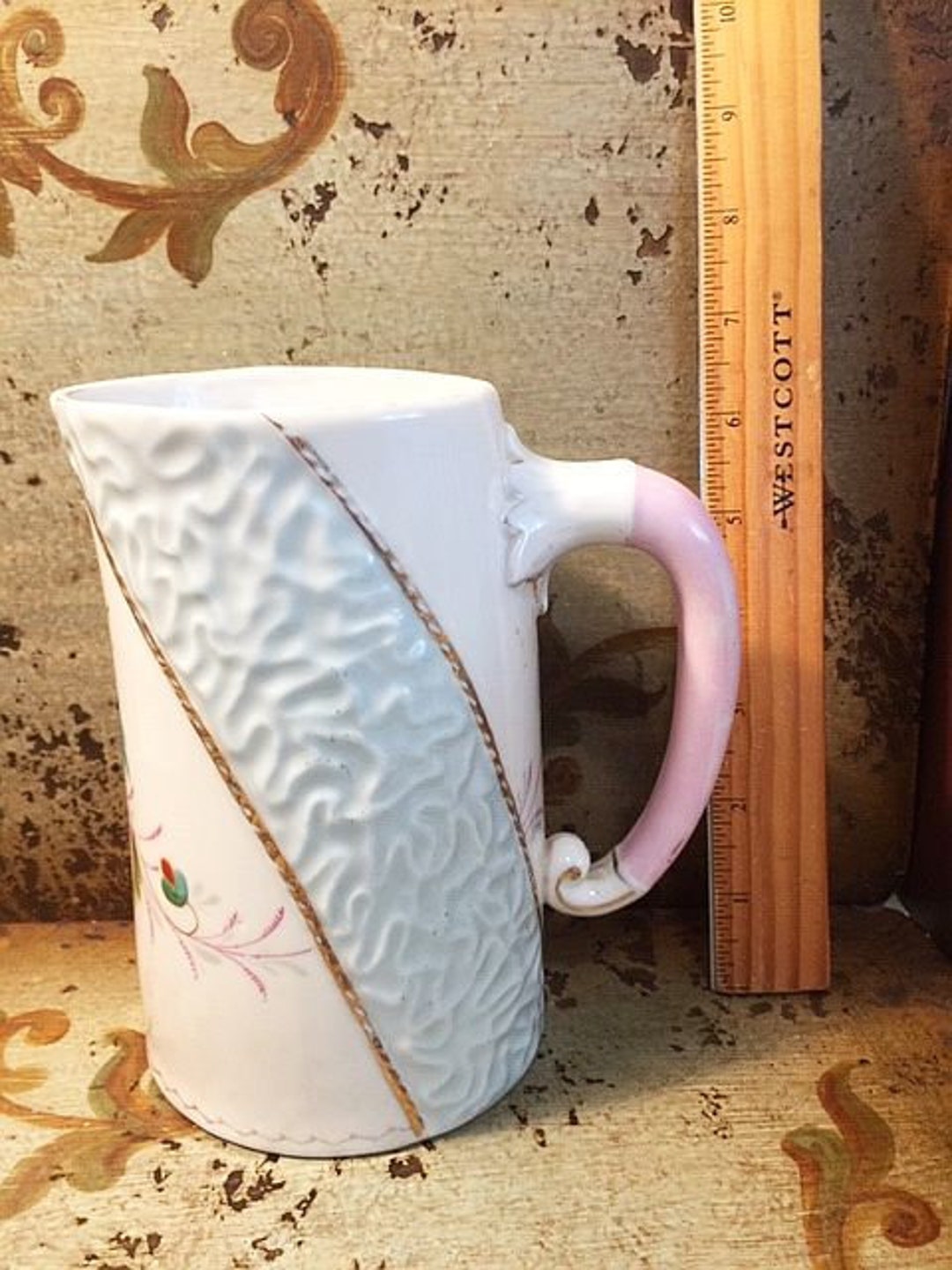 Vintage Victorian Floral PINK AQUA Porcelain White Medium MILK Pitcher ...