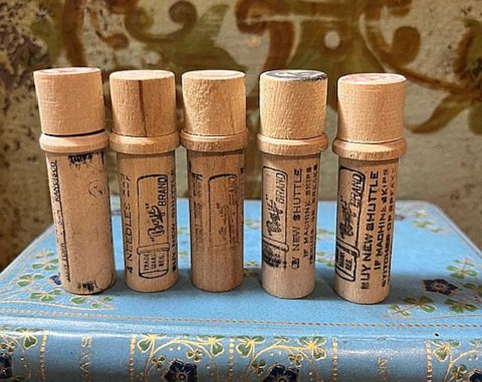 5 Vintage Wooden Needle Box Cylindrical Wood Container Sewing Boye ...