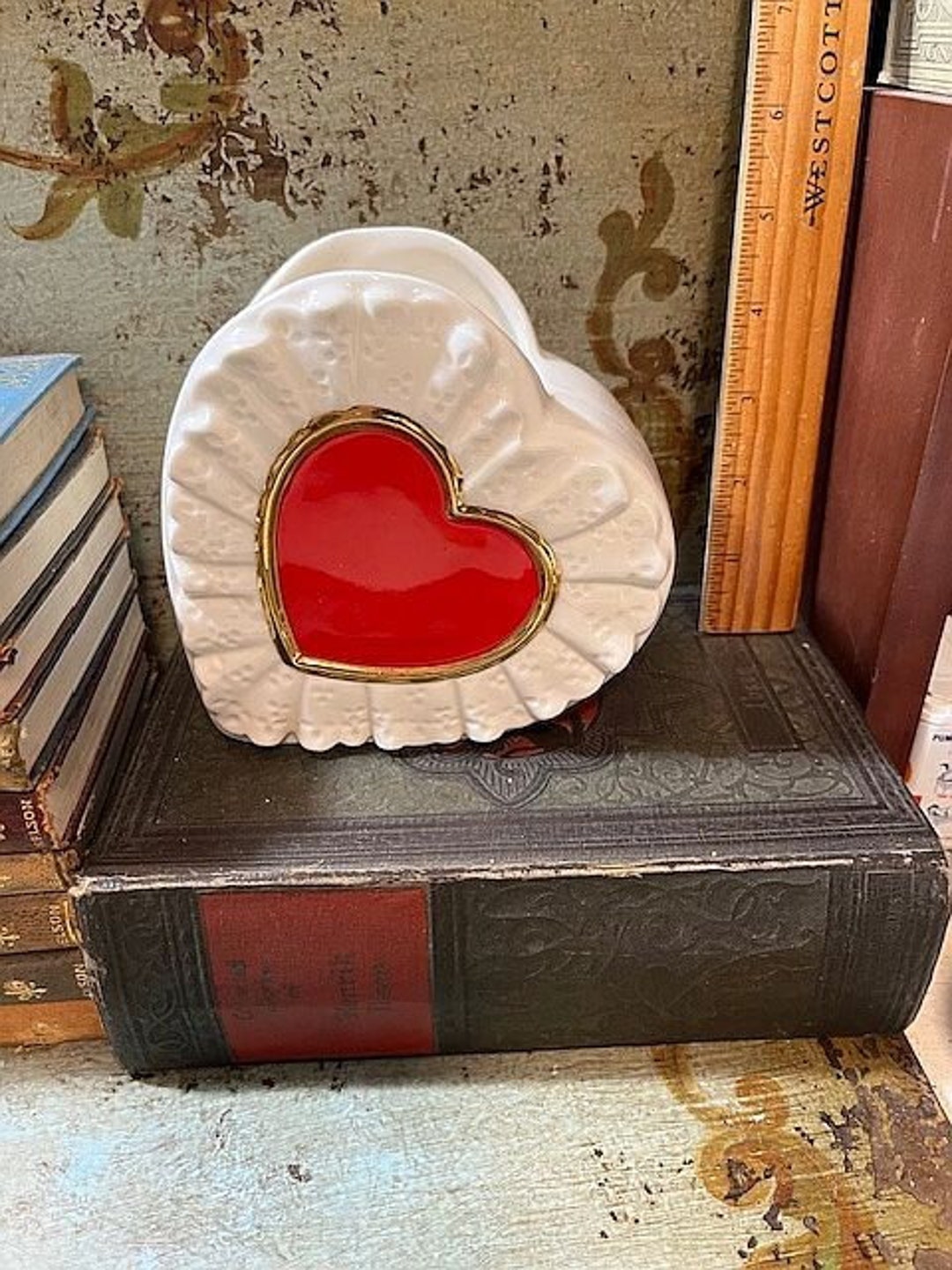 Vintage Ceramic Red Heart Planter Valentine Valentines Day Lace Look - Etsy