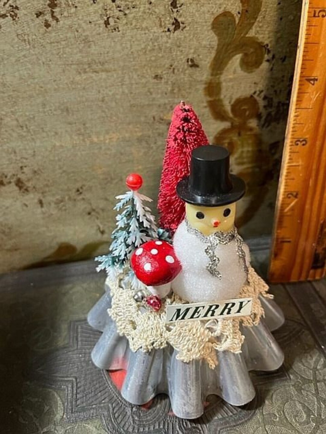 Vintage Snowman Tart Tin Mold Christmas Vignette With Red Mushroom ...