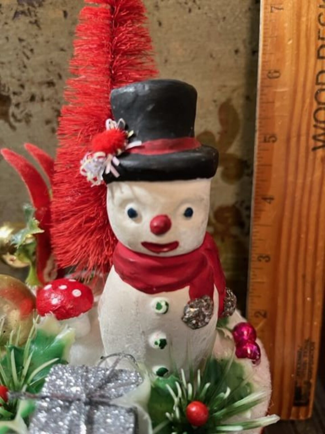 Christmas Chalkware Snowman Vignette Red Mold Base Bottlebrush Tree ...