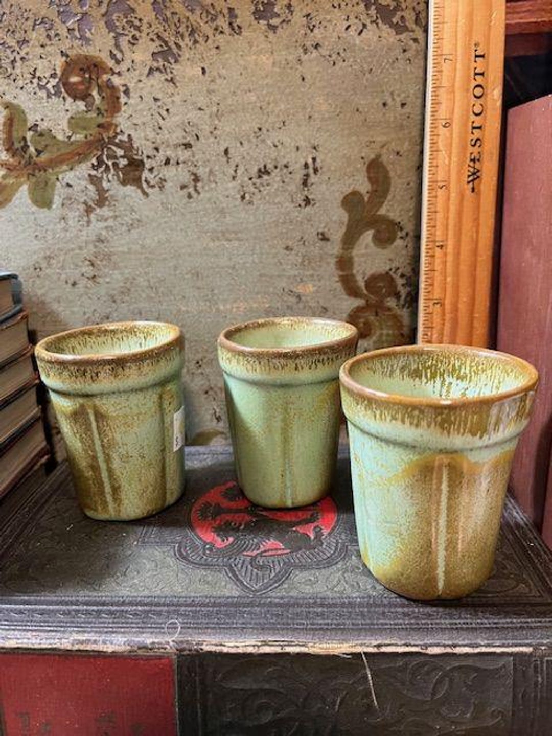 3 Cute Vintage Frankoma Pottery Juice Cups Green Brown Plainsman - Etsy