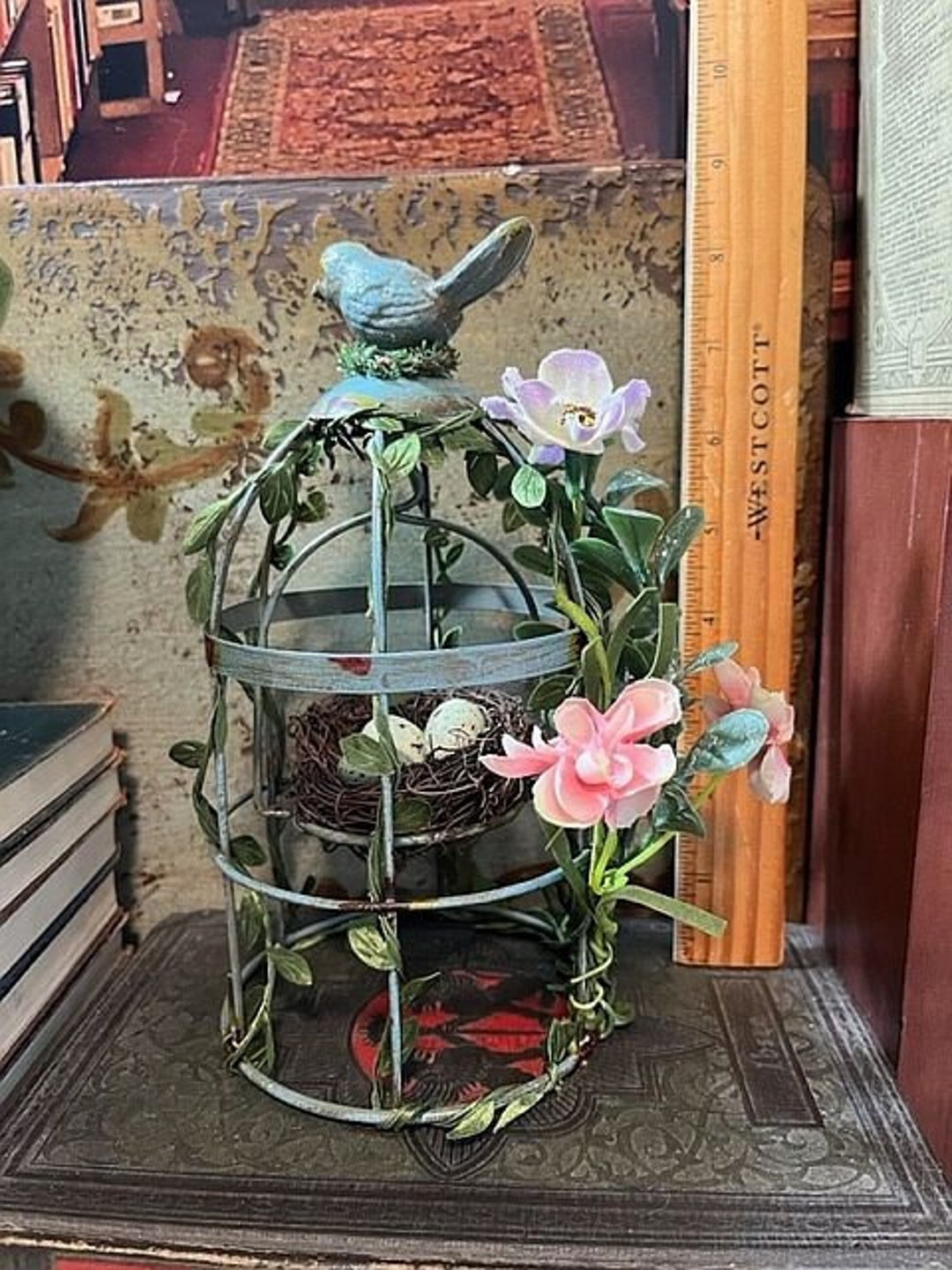 Lovely Small Blue Wire Bird Cage With Faux Nest Eggs Vines Flowers ...