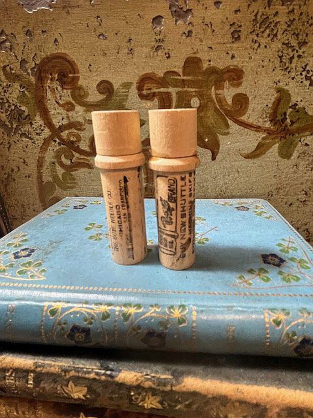 2 Vintage Wooden Needle Box Cylindrical Wood Container Sewing Boye ...
