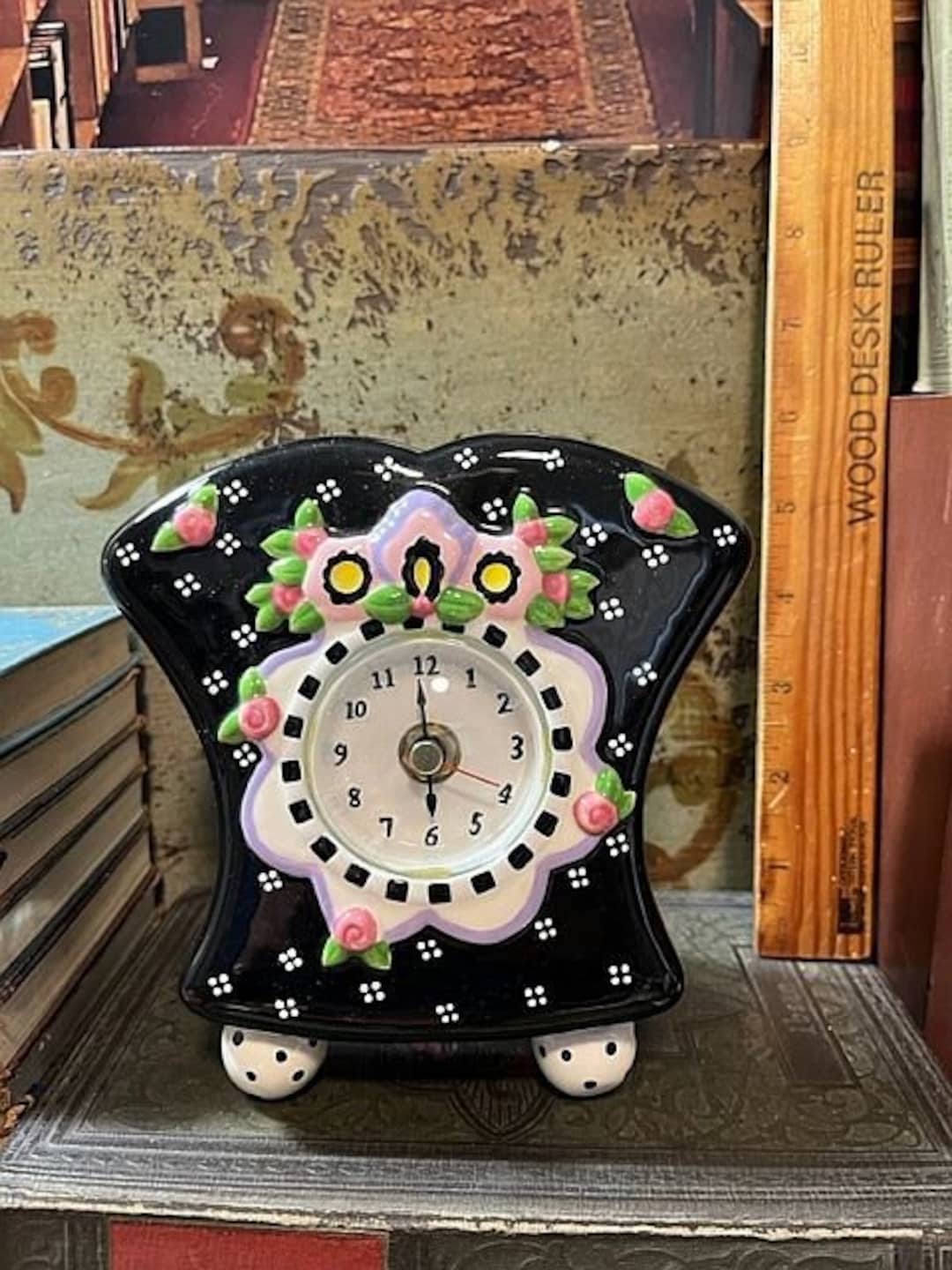 Mary Engelbreit Ceramic CLOCK Black Floral Polka Dots - Etsy