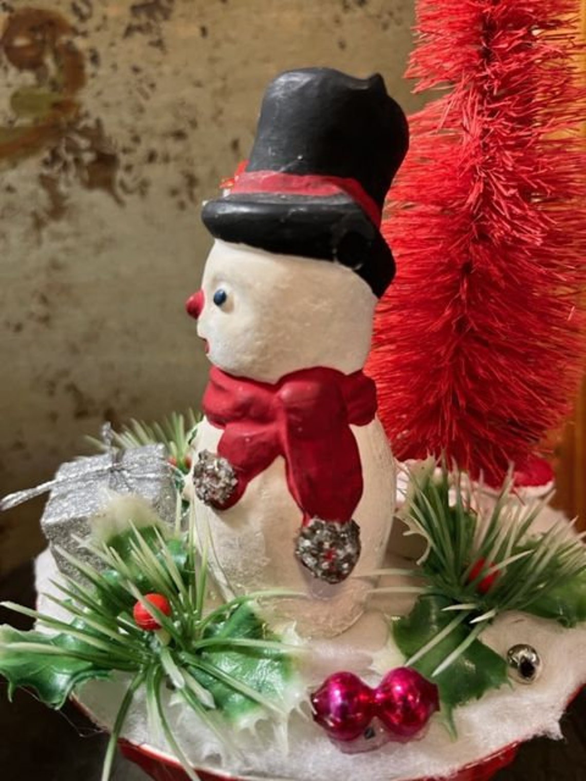 Christmas Chalkware Snowman Vignette Red Mold Base Bottlebrush Tree ...