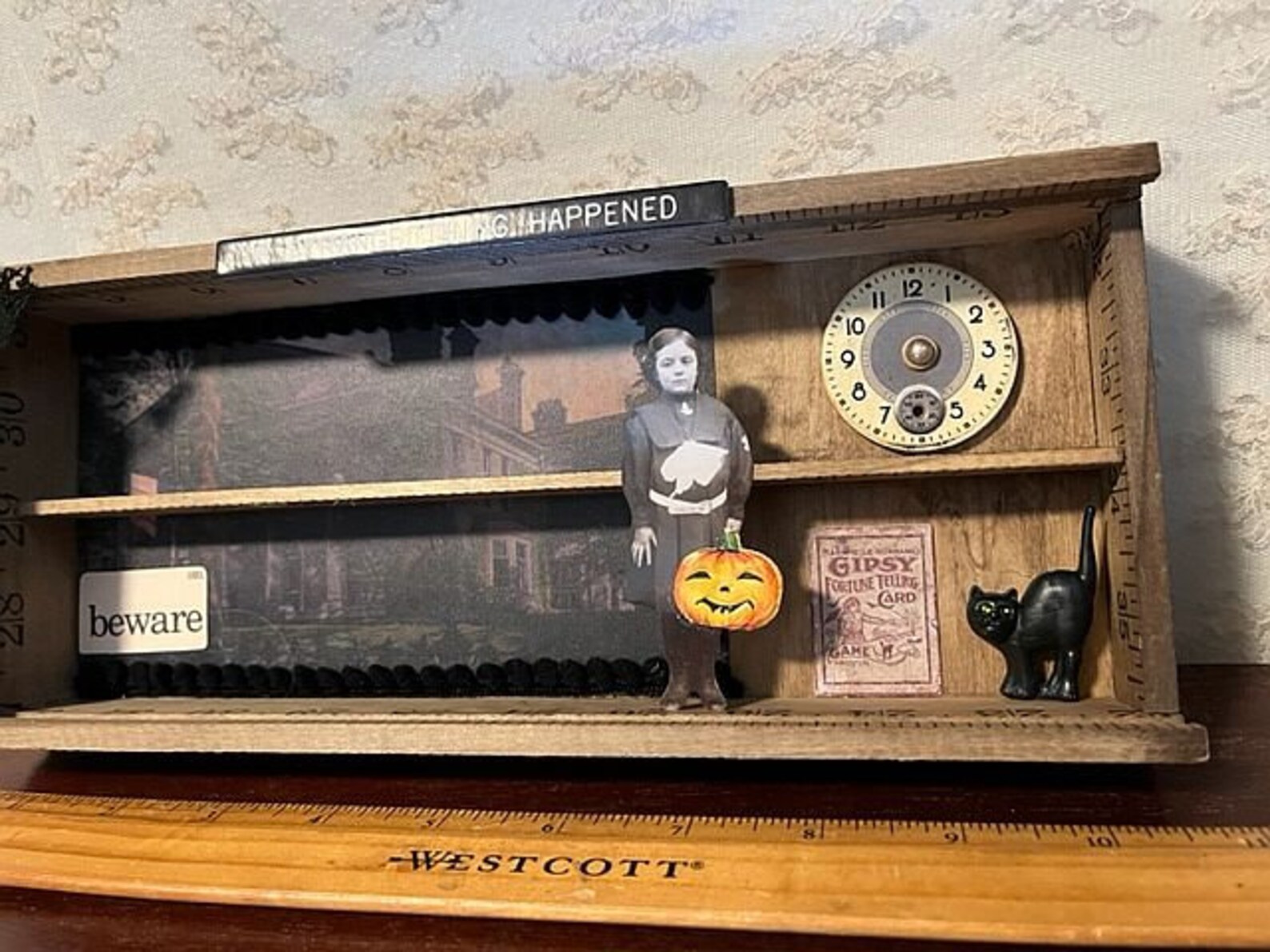 Vintage Strange Halloween Pencil Box Vignette Girl Black Cat JOL ...