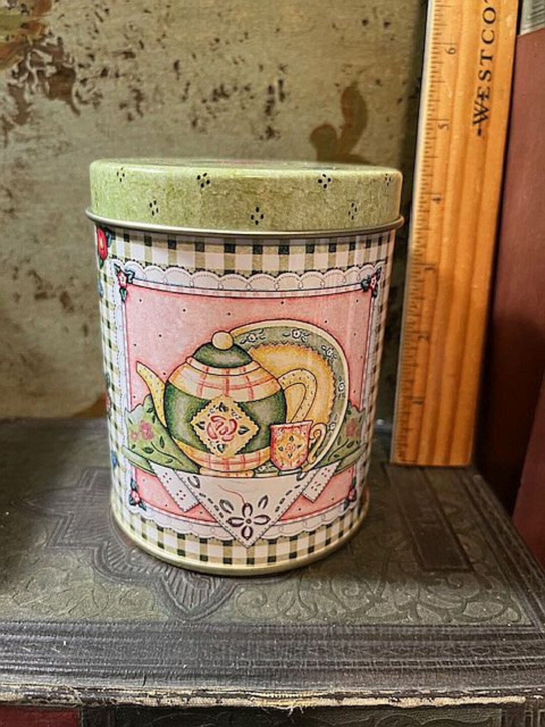 Mary Engelbreit Tea Theme Tin Metal Canister 1998 Teapot Flowers Roses ...