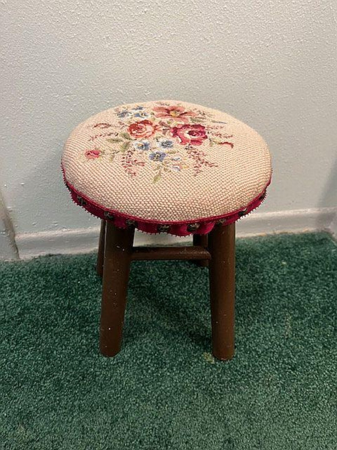 Vintage Needlepoint Small Wooden Stool Wood Floral Roses - Etsy