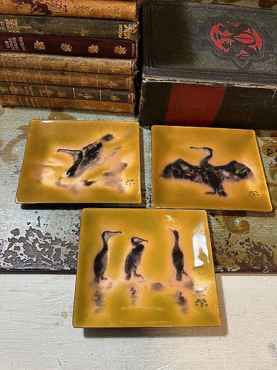 3 Midcentury Modern Copper Enameled Trays With Birds Ando Cloisonne MCM ...