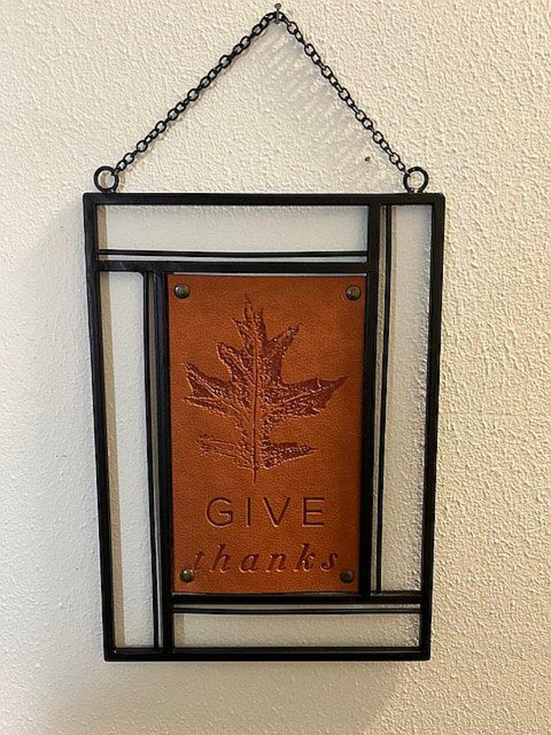Give Thanks Leather Metal Hanging Plaque Fall Thanksgiving Decoration ...