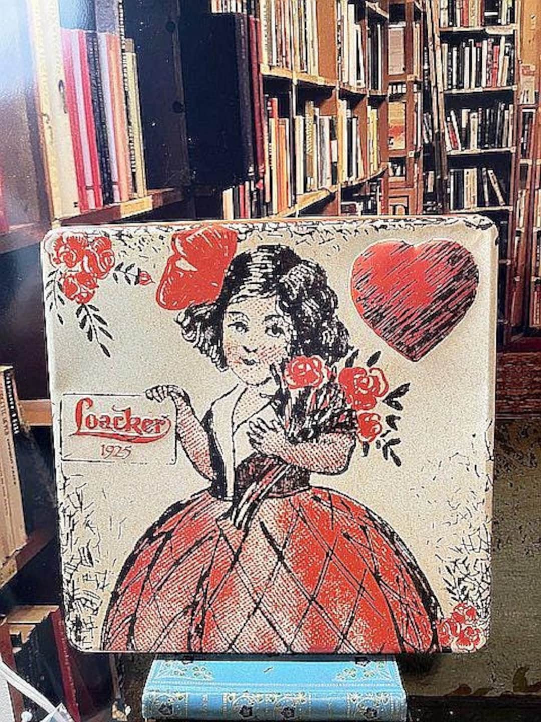 Vintage Valentines Day LARGE Metal Tin Girl With Flowers Hearts Loacker ...