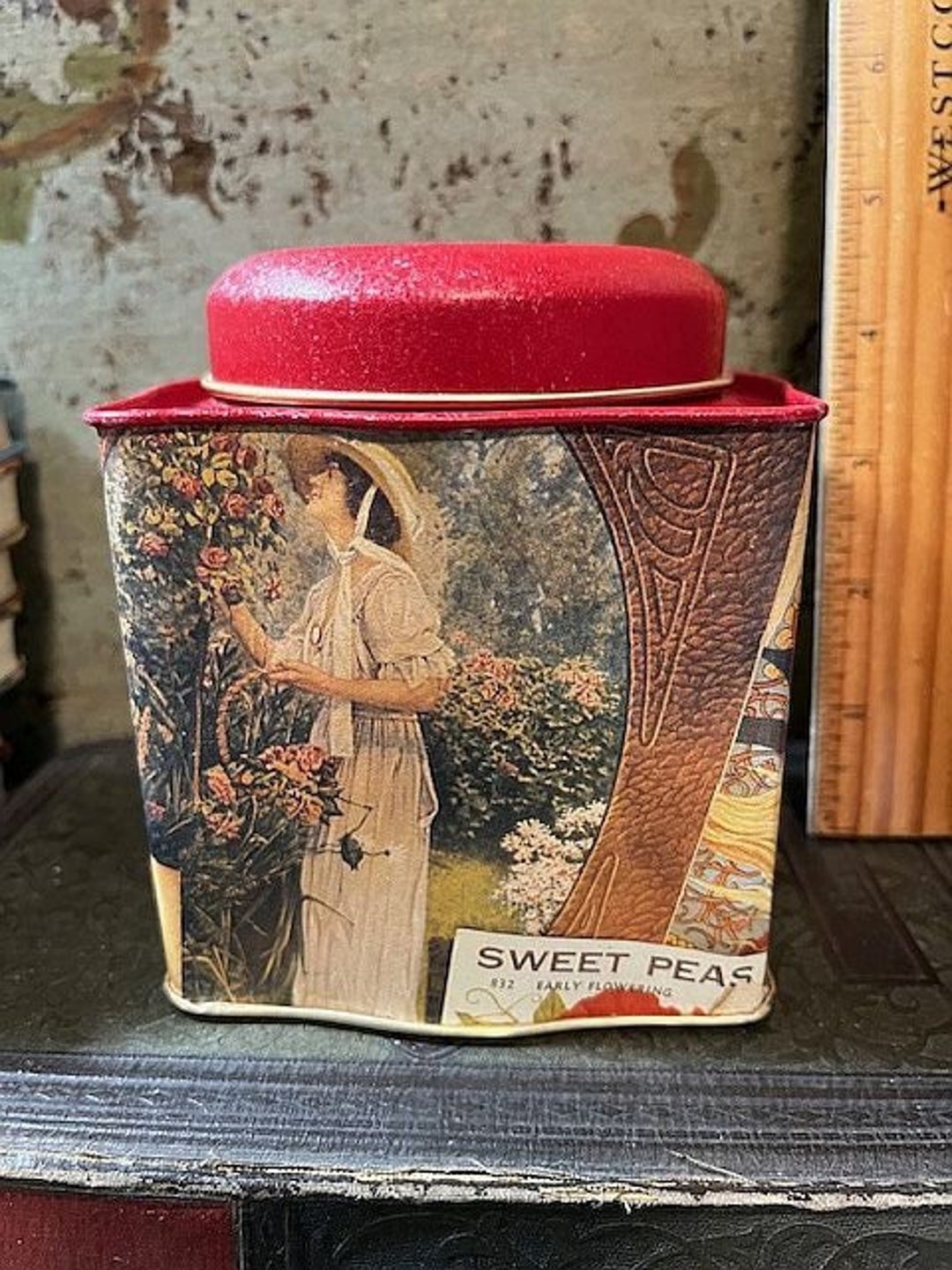 GARDEN Red Tin Box Vintage Canister Container Storage Sweet Peas - Etsy
