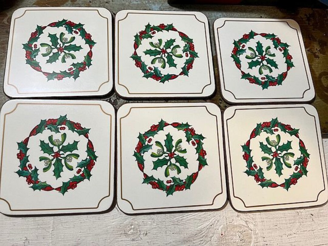 Vintage 6 Holly Ribbons Royal Worcester English Coasters Set W/box ...