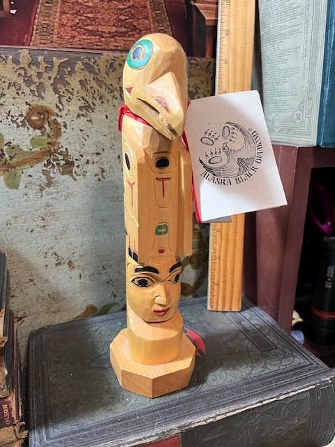 Hand Carved WOOD TOTEM Pole 8.5 Ray Moore Alaskan Black Diamond With ...