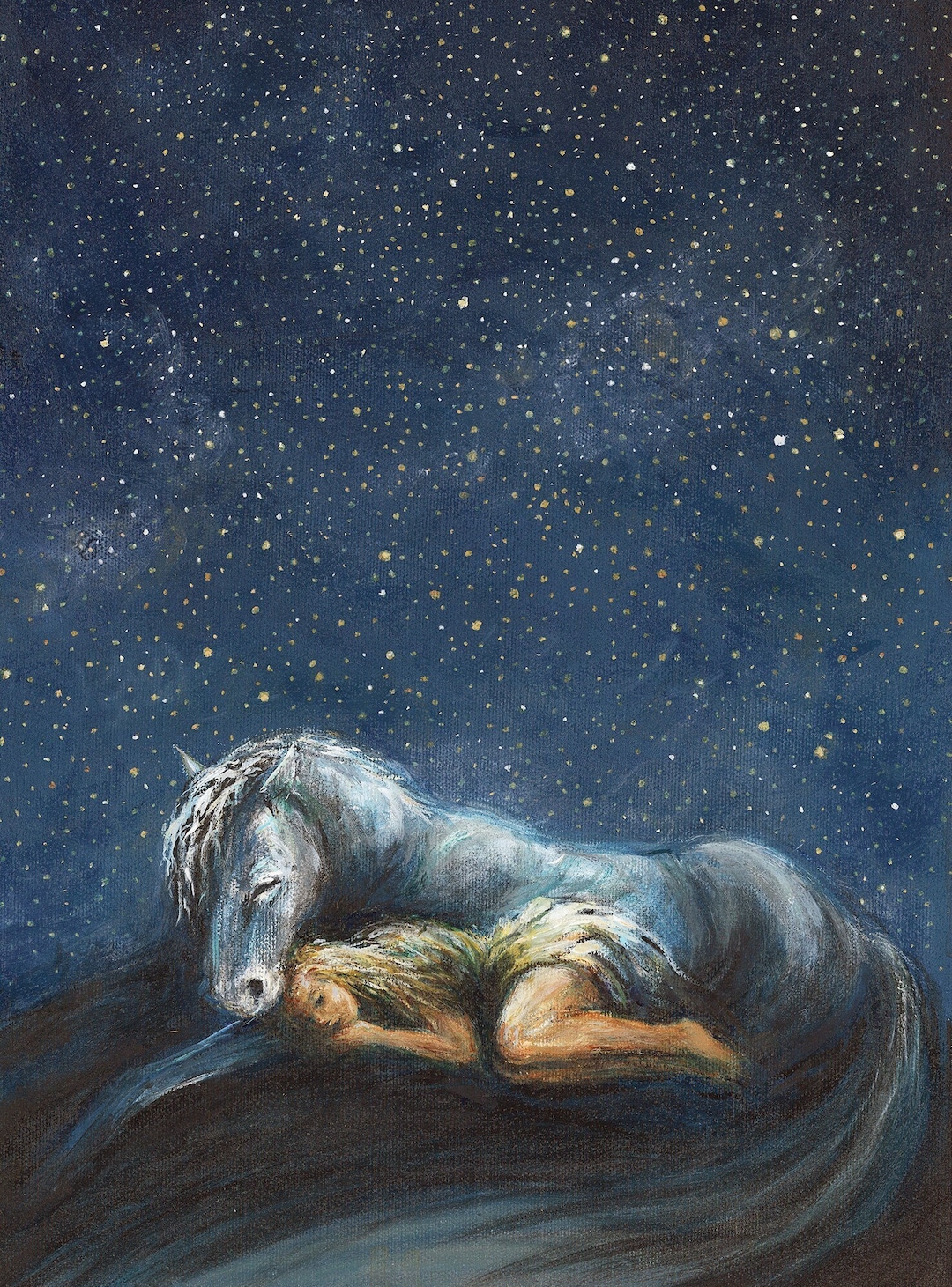 We Are Stardust Art Print Woman Sleeping Under the Stars White Horse - Etsy