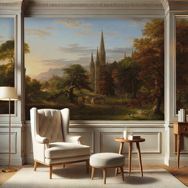Gothic Church Landscape Wallpaper: Serene Pastoral Wall Mural (peel and ...