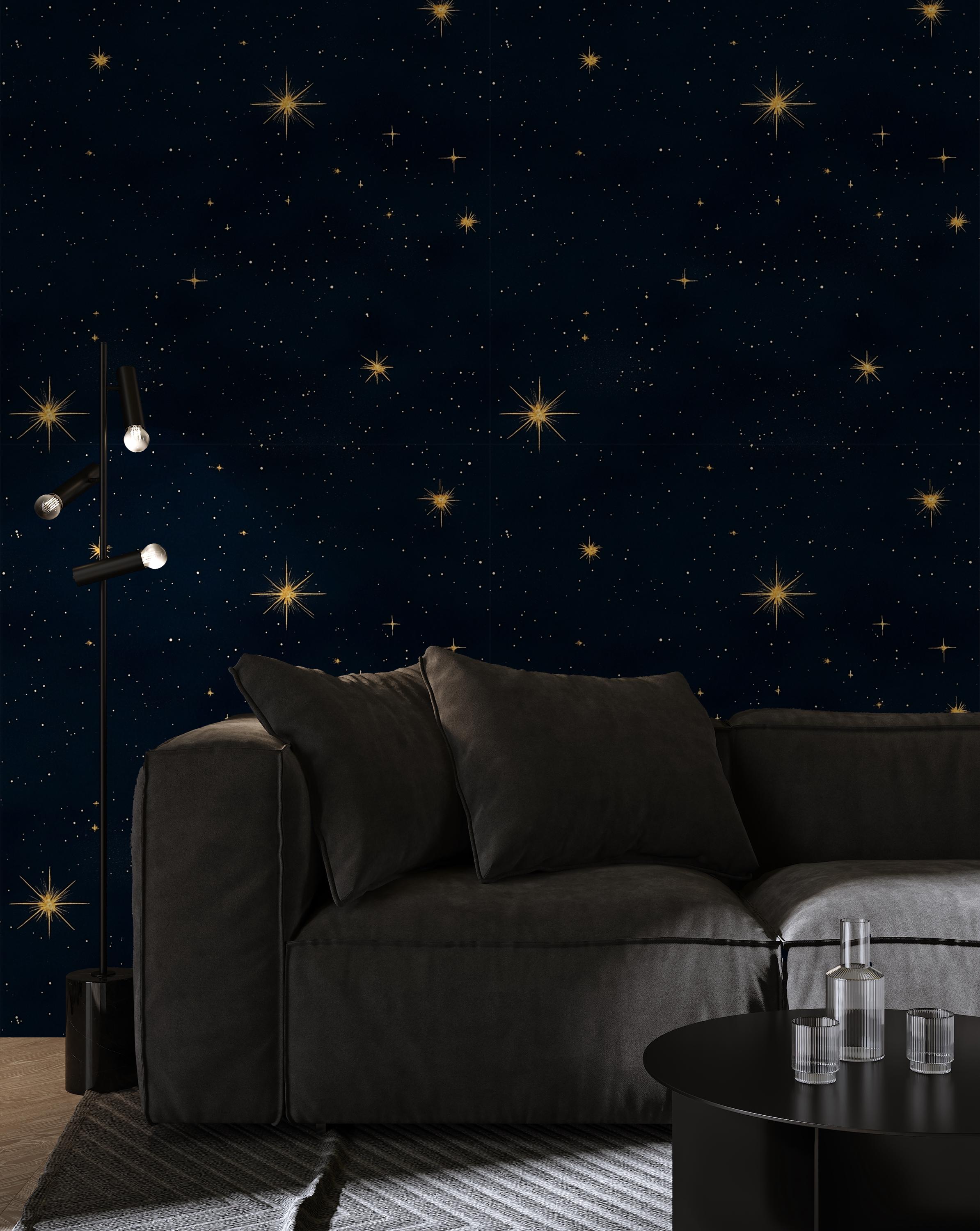 Celestial Starry Night Wallpaper: Navy Blue & Gold Stars, Removable ...